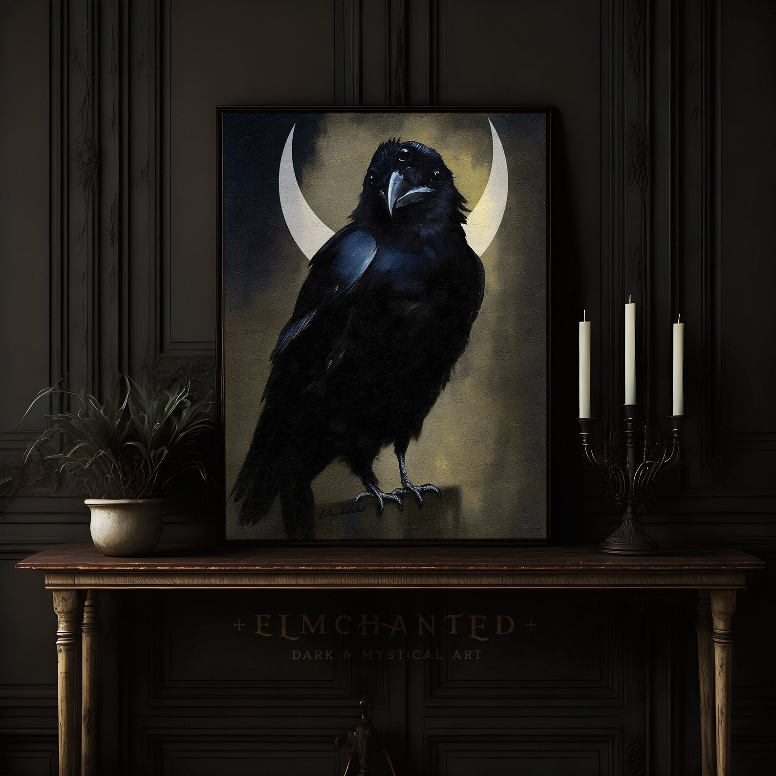 Three Eyed Raven Crow Crescent Moon Art Print, Dark Oil Painting Gothic ...