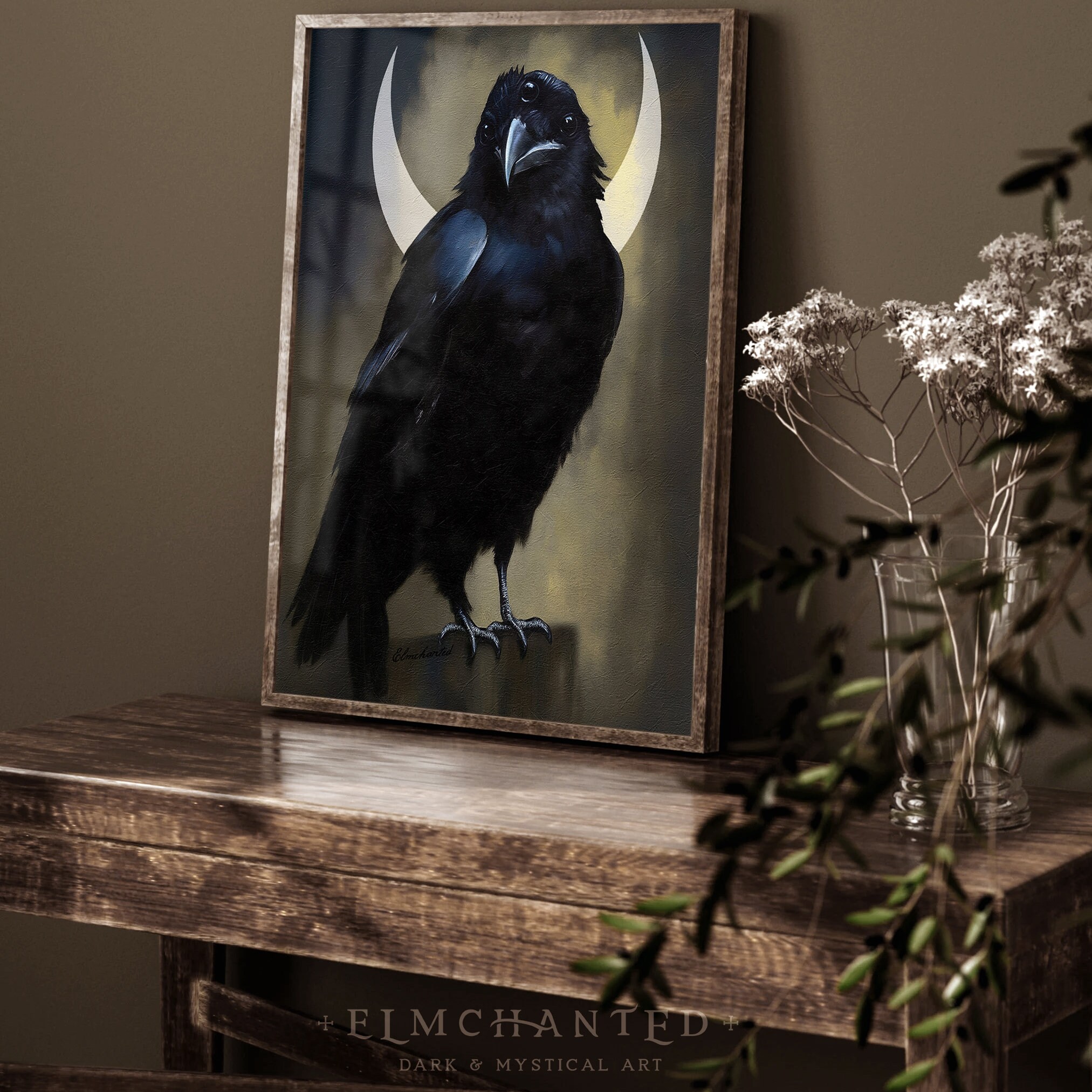 Three Eyed Raven Crow Crescent Moon Art Print, Dark Oil Painting Gothic ...