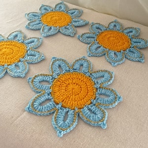 Crochet Blue Daisy Coasters Set of 4 Yellow / Blue Coasters Small ...