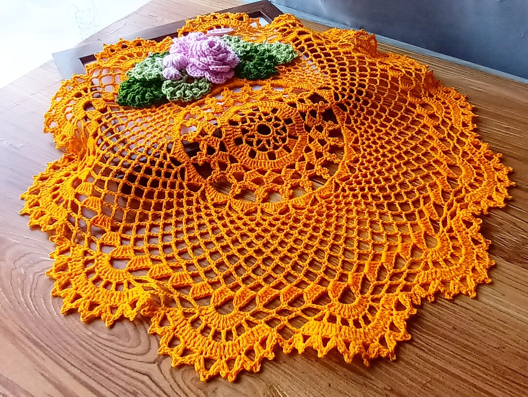 Yellow Crocheted Large Round Table Centrepiece Pink Rose - Etsy