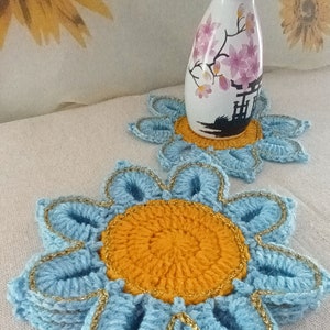 Crochet Blue Daisy Coasters Set of 4 Yellow / Blue Coasters Small ...