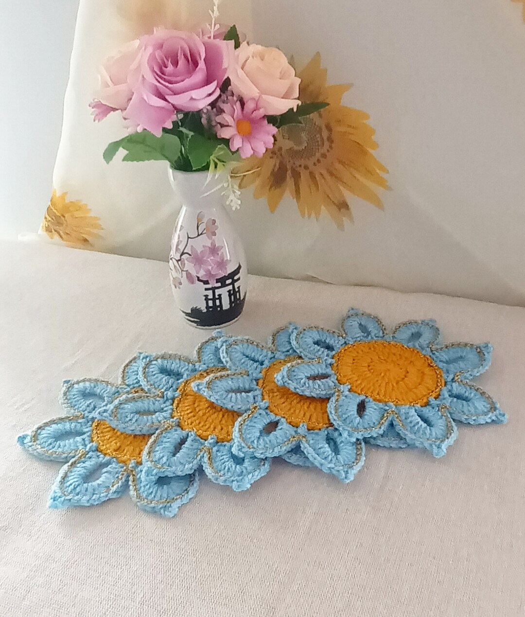Crochet Blue Daisy Coasters Set of 4 Yellow / Blue Coasters Small ...