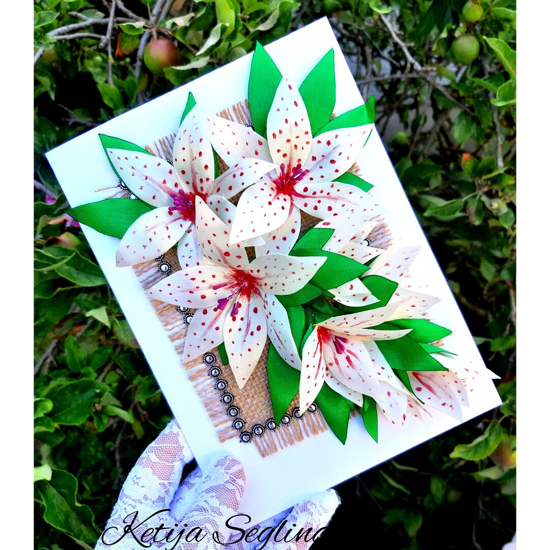Lily Greeting Card Ribbon Flower Greeting Card Handmade Flower Card ...