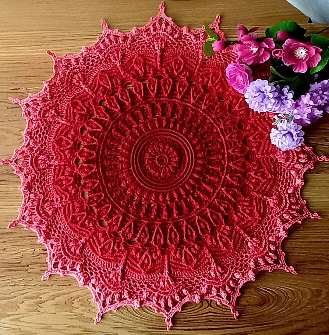 Textured Doily 3D Centrepiece Multicolored Red Crocheted Doily Handmade ...