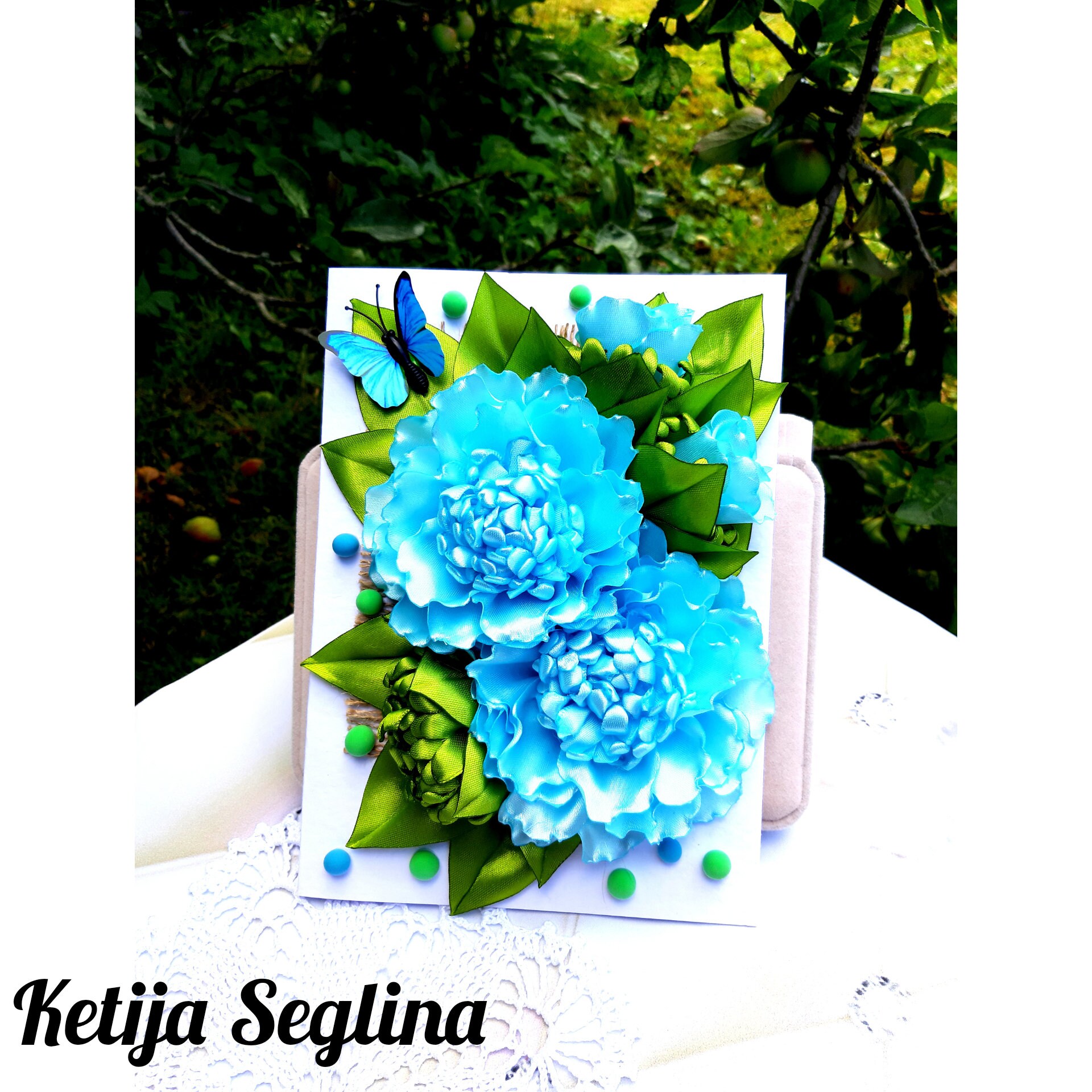 Peony Greeting Card Ribbon Flower Greeting Card Handmade Flower Card ...