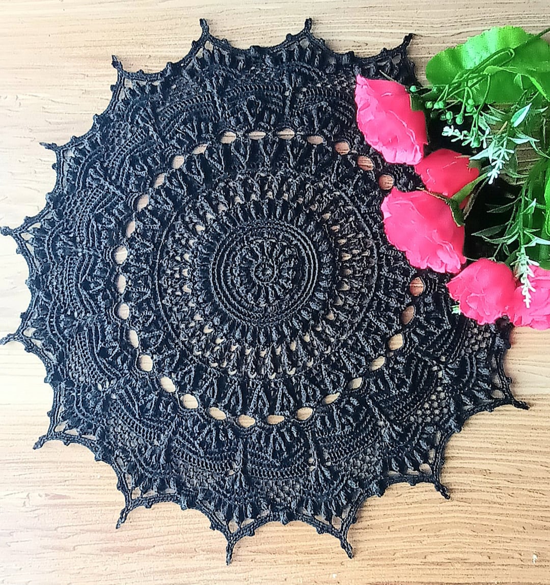Textured Doily 3D Centrepiece Black Crocheted Doily Handmade Round ...