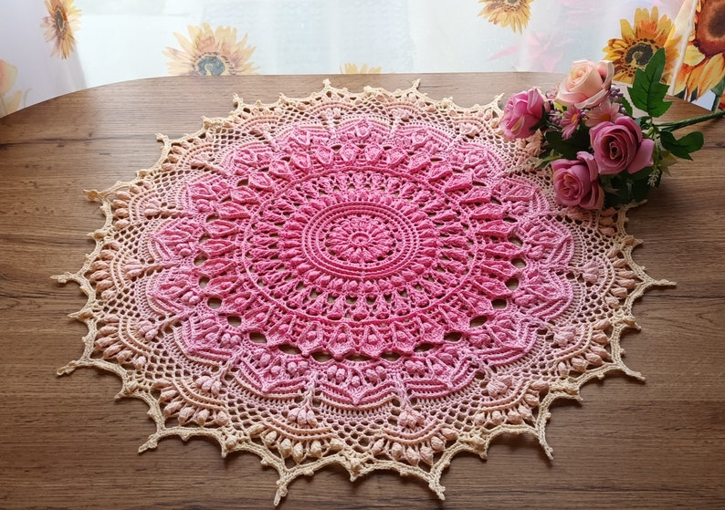 Textured Doily 3D Centrepiece Pink Crocheted Doily Handmade Round Table ...