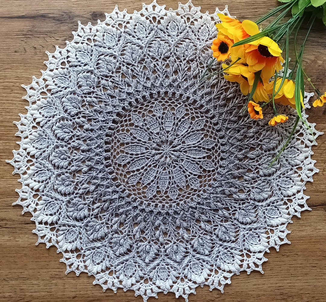 Textured Doily 3D Centrepiece Grey White Crocheted Doily Handmade Round ...