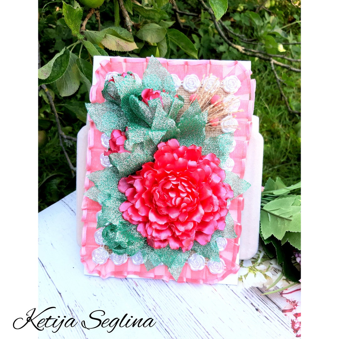 Peony Greeting Card Ribbon Flower Greeting Card Handmade Flower Card ...