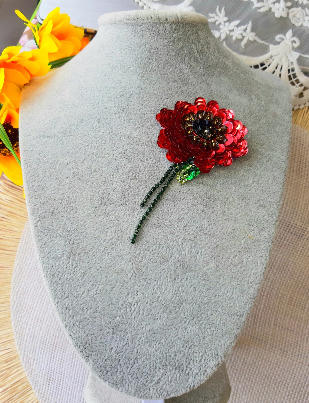 Red Poppy Flower Brooch Handmade Embroidered Dress Red Delicate Elegant ...