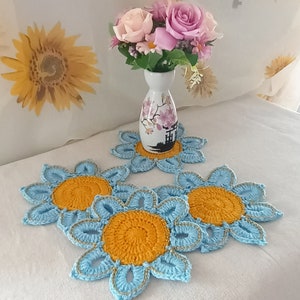 Crochet Blue Daisy Coasters Set of 4 Yellow / Blue Coasters Small ...