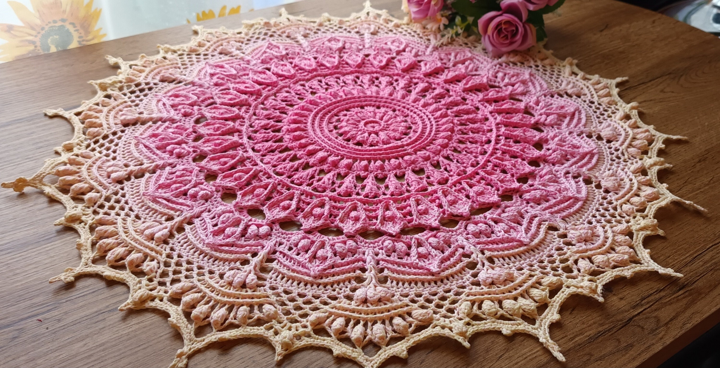 Textured Doily 3D Centrepiece Pink Crocheted Doily Handmade Round Table ...