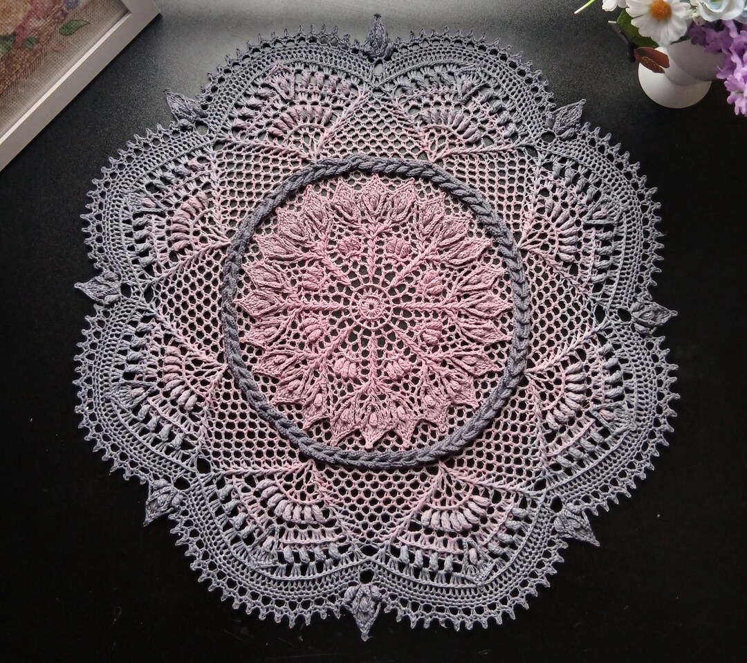 Textured Doily 3D Centrepiece Pink Grey Crocheted Doily Handmade Round ...