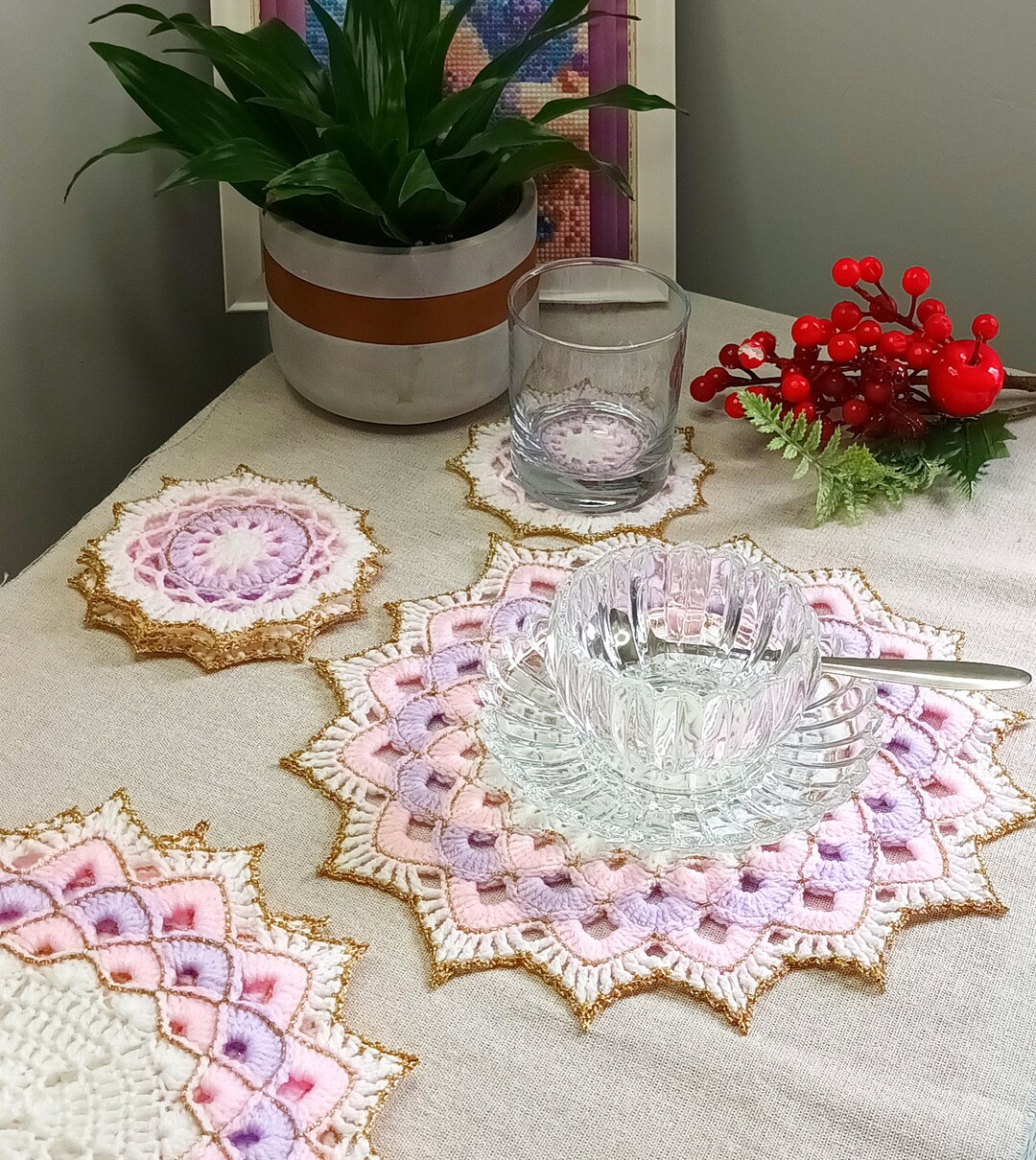Crochet Placemat Set: Handmade Pink Lilac Table Decor - Etsy