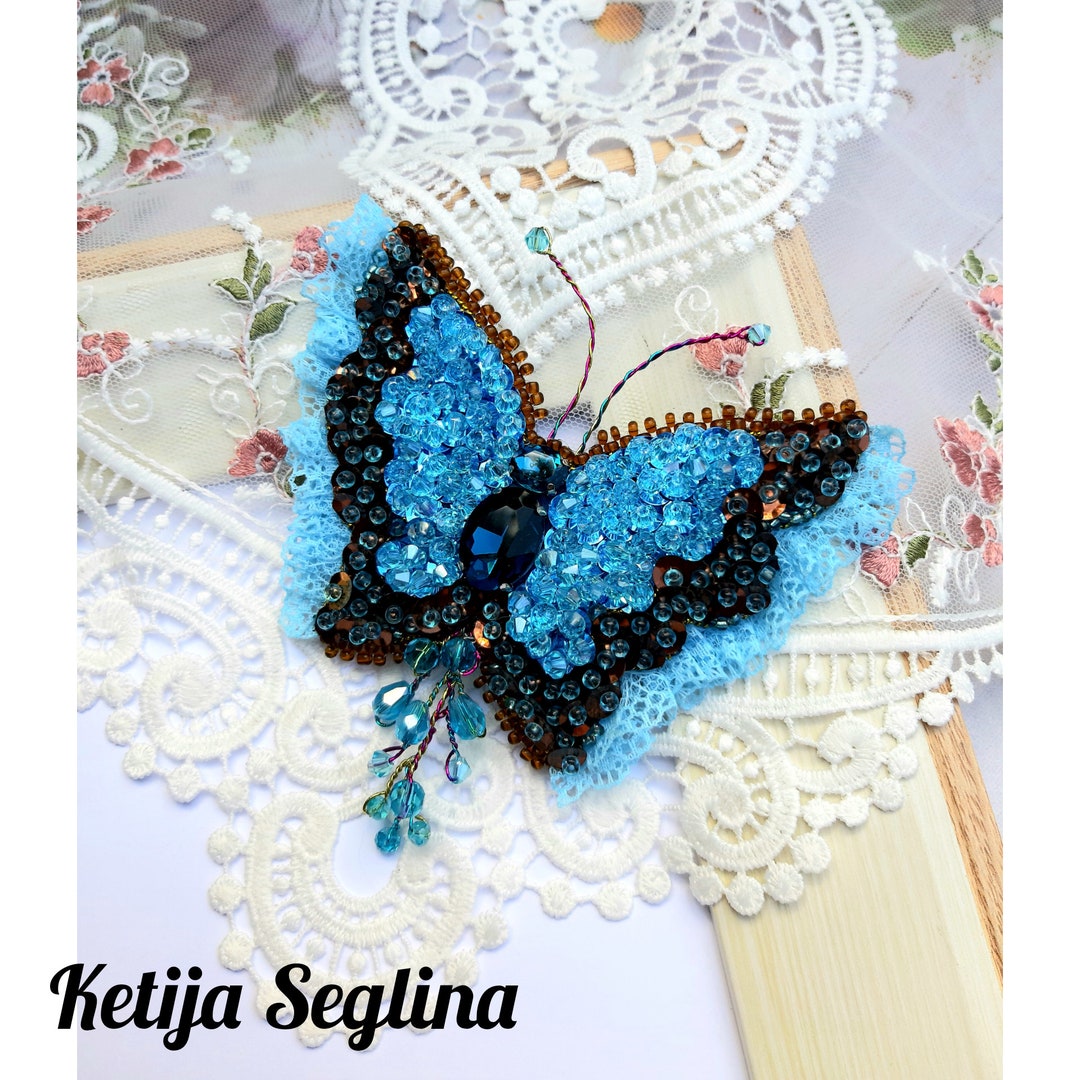 Monarch Butterfly Brooch Handmade Embroidered Dress Pin Blue Brown ...