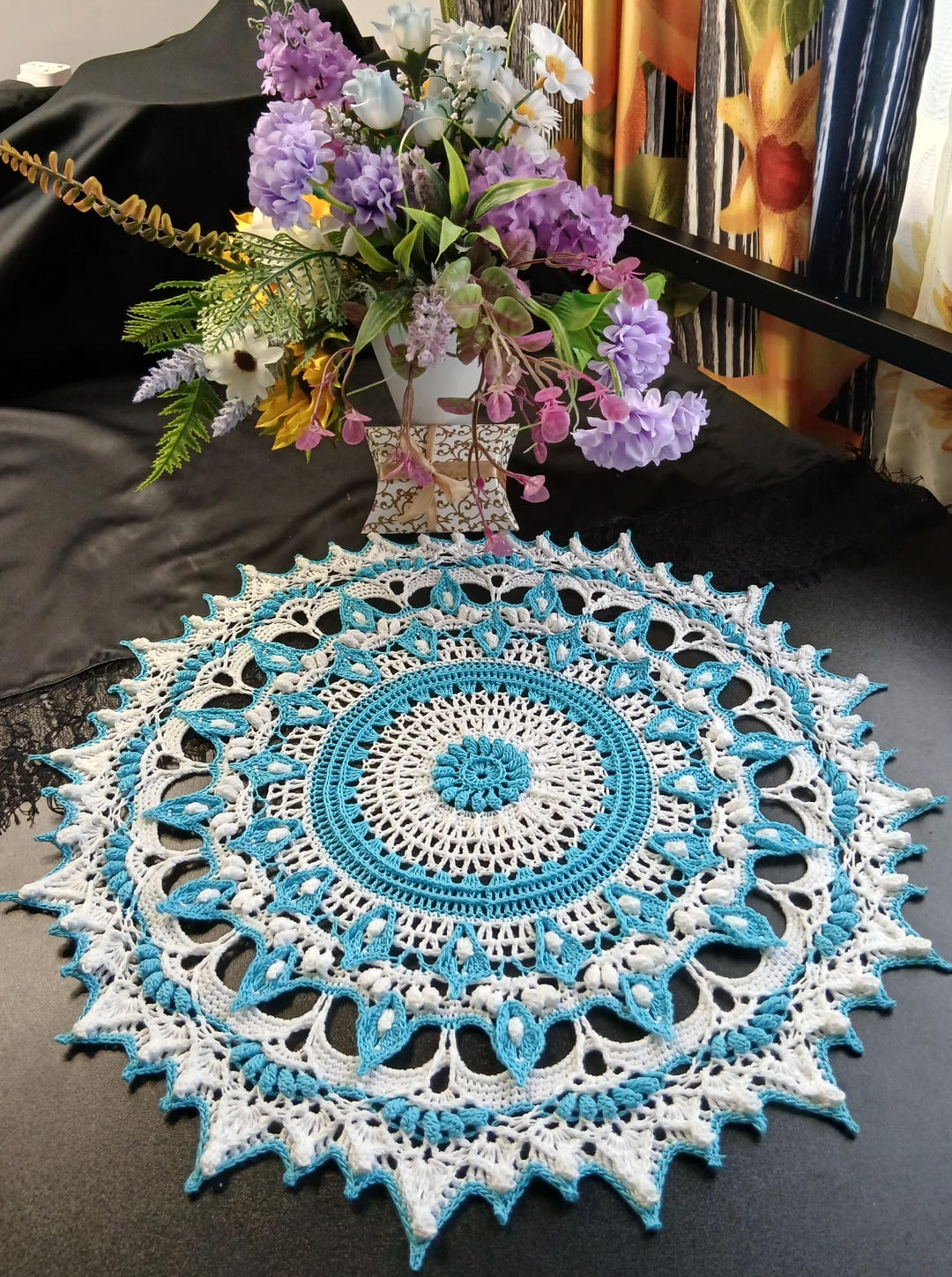 Textured Doily 3D Centrepiece Blue White Crocheted Doily Handmade Round ...