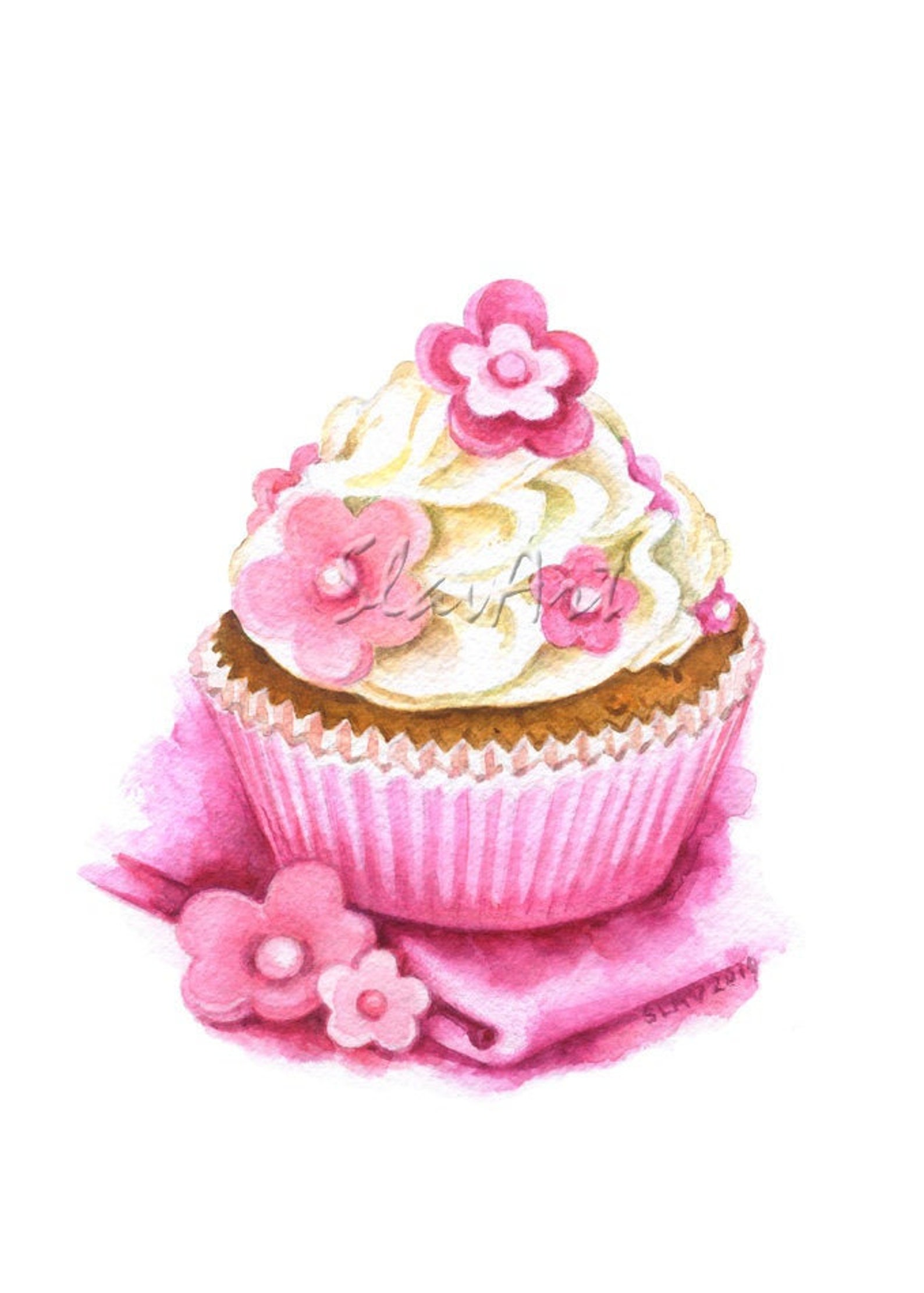 Pink Flower Cupcake Original Art Print Watercolor Illustration - Etsy