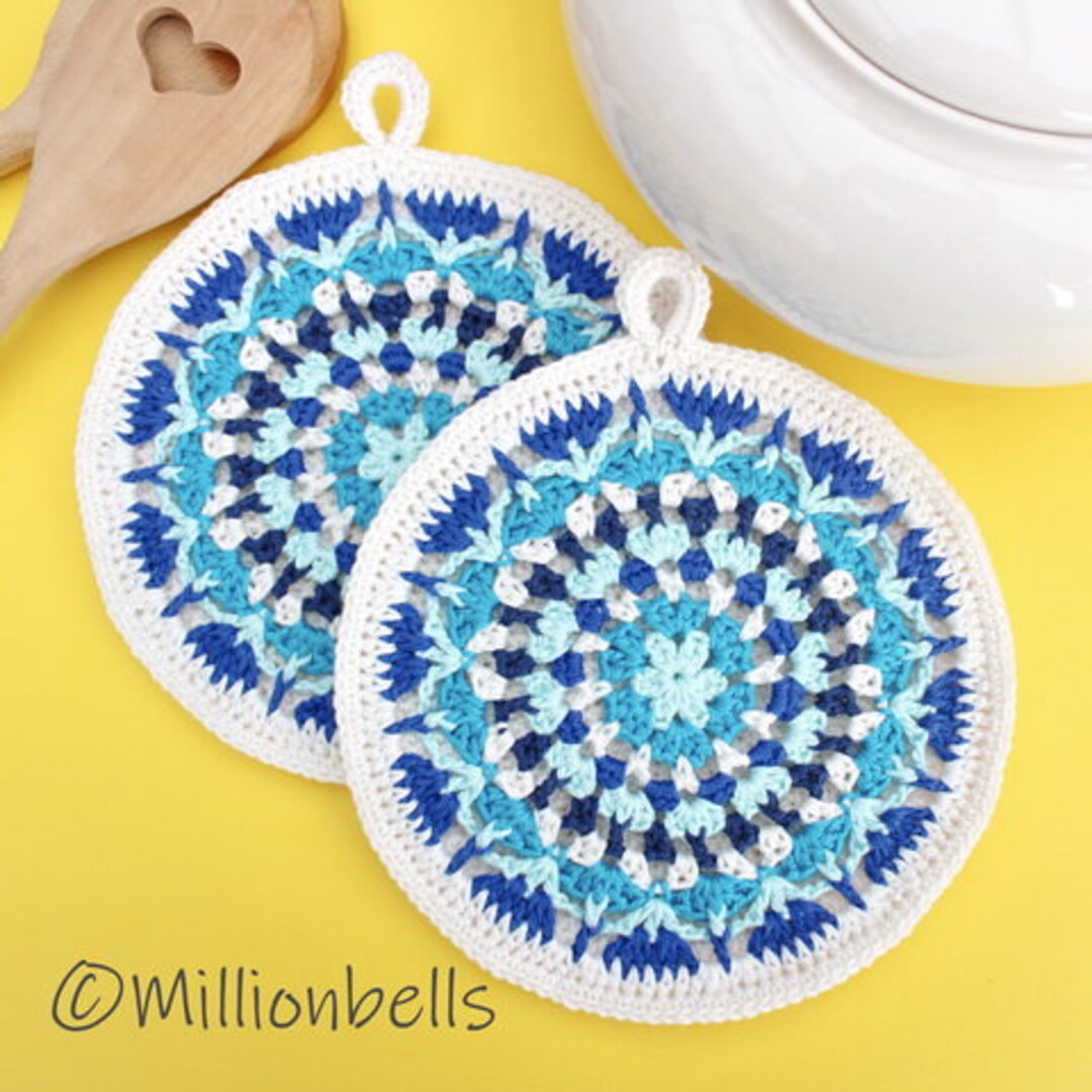 Blue Mandala Potholders Crochet Pattern PDF Kitchen Hot Pad Boho ...