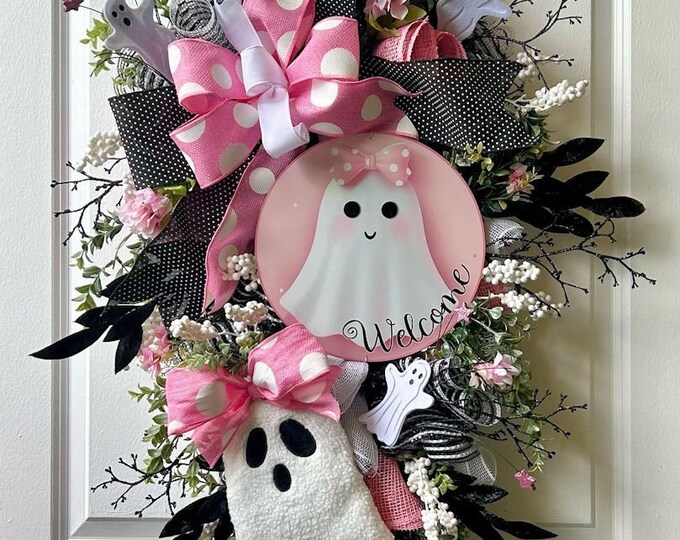 Halloween Wreath, Ghost Wreath, Cute Ghost Wreath, Pink Ghost Wreath ...