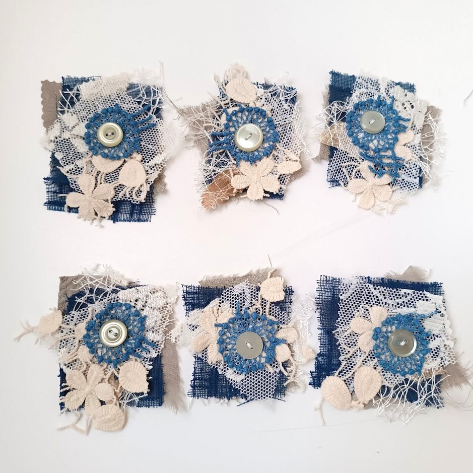 Set 3 Vintage Fabric Lace Button Clusters Embellishments, Creative Textilart, Textile Snippet ...