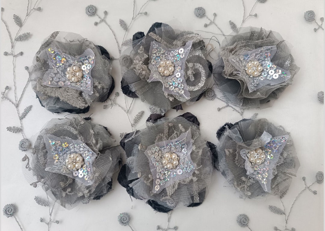 6 Handmade Fabric and Lace Flowers, Ornament Shabby Chic Style, Textile ...