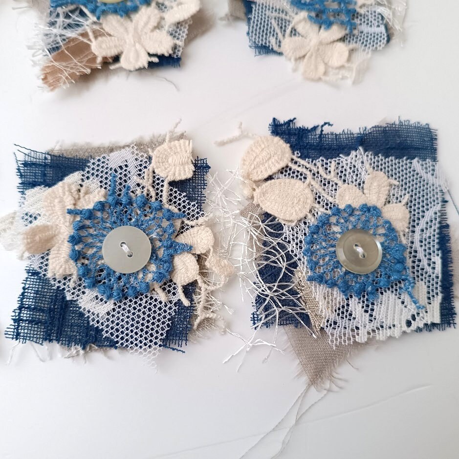 Set 3 Vintage Fabric Lace Button Clusters Embellishments, Creative Textilart, Textile Snippet ...