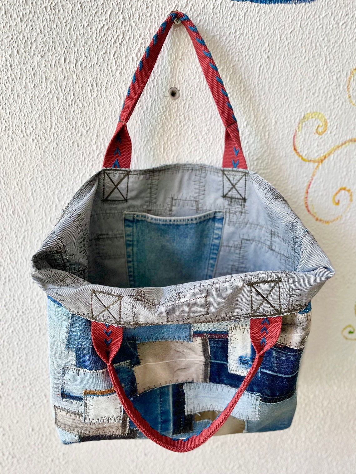 Denim Patchwork Bag XL Shopping Big Boro Shopper Market Bag Repurposed ...