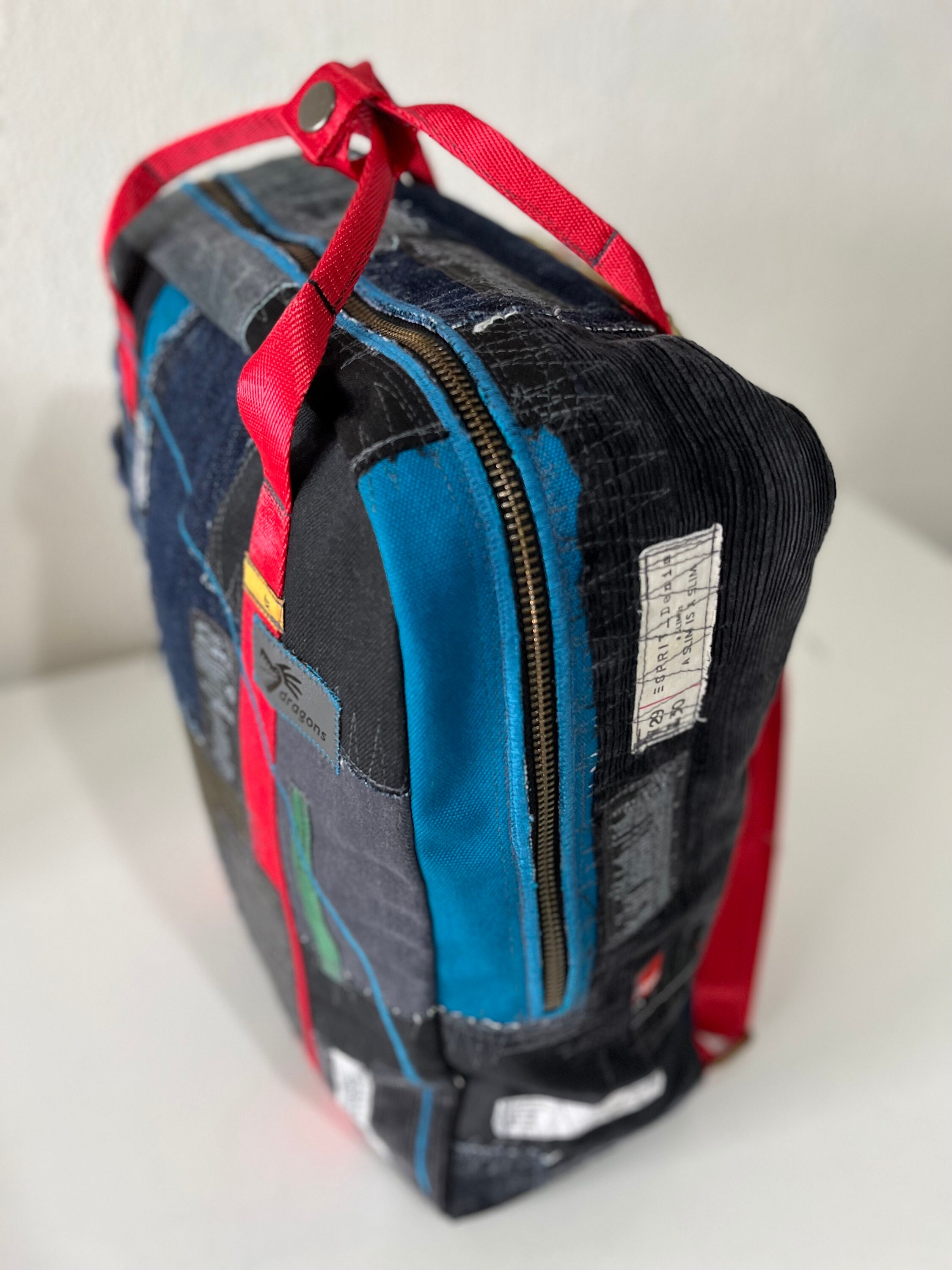 Denim Backpack Patchwork Label Patches Black Zipper Rugsack Red Straps ...