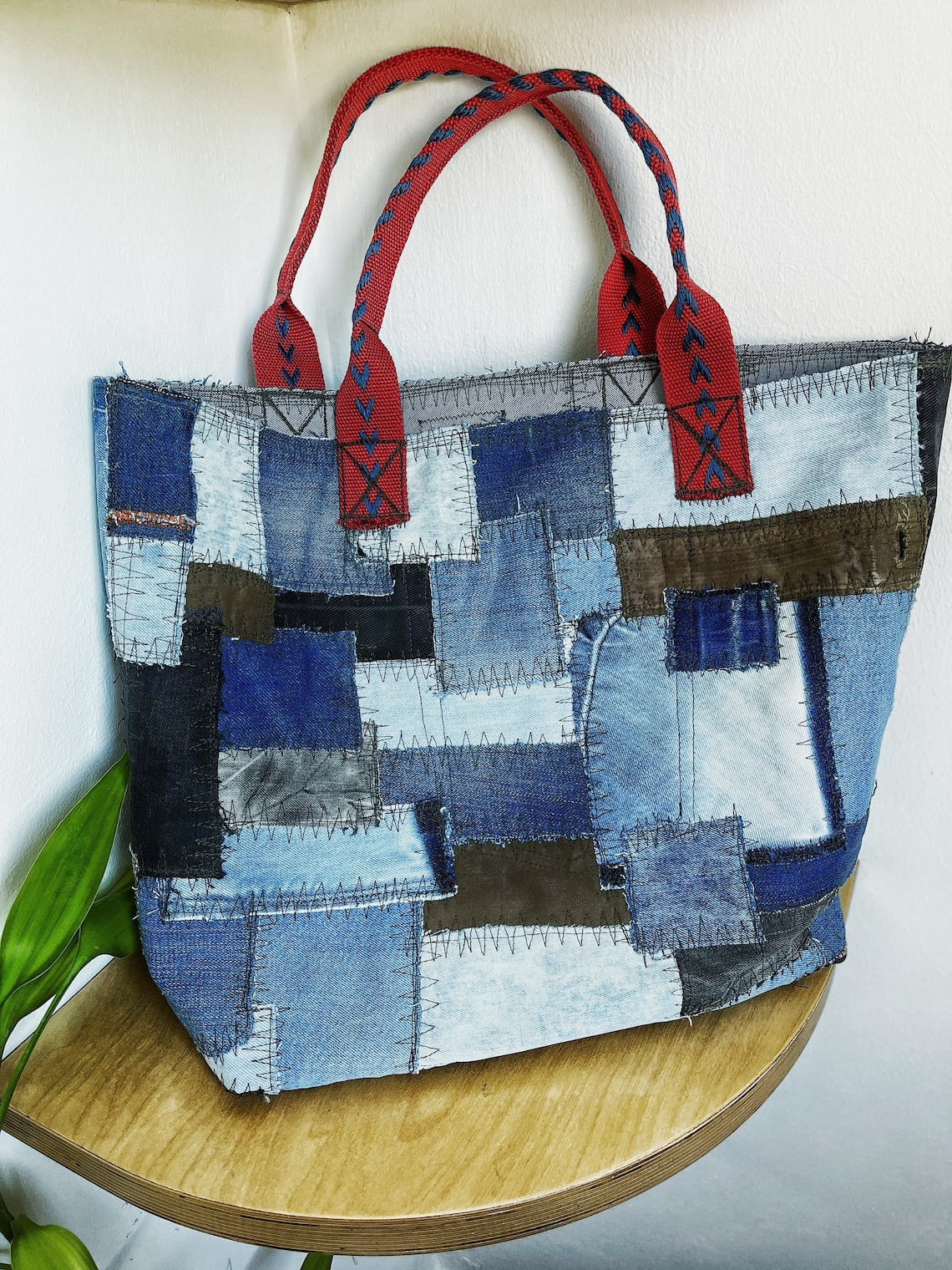 Denim Patchwork Bag XL Shopping Big Boro Shopper Market Bag Repurposed ...