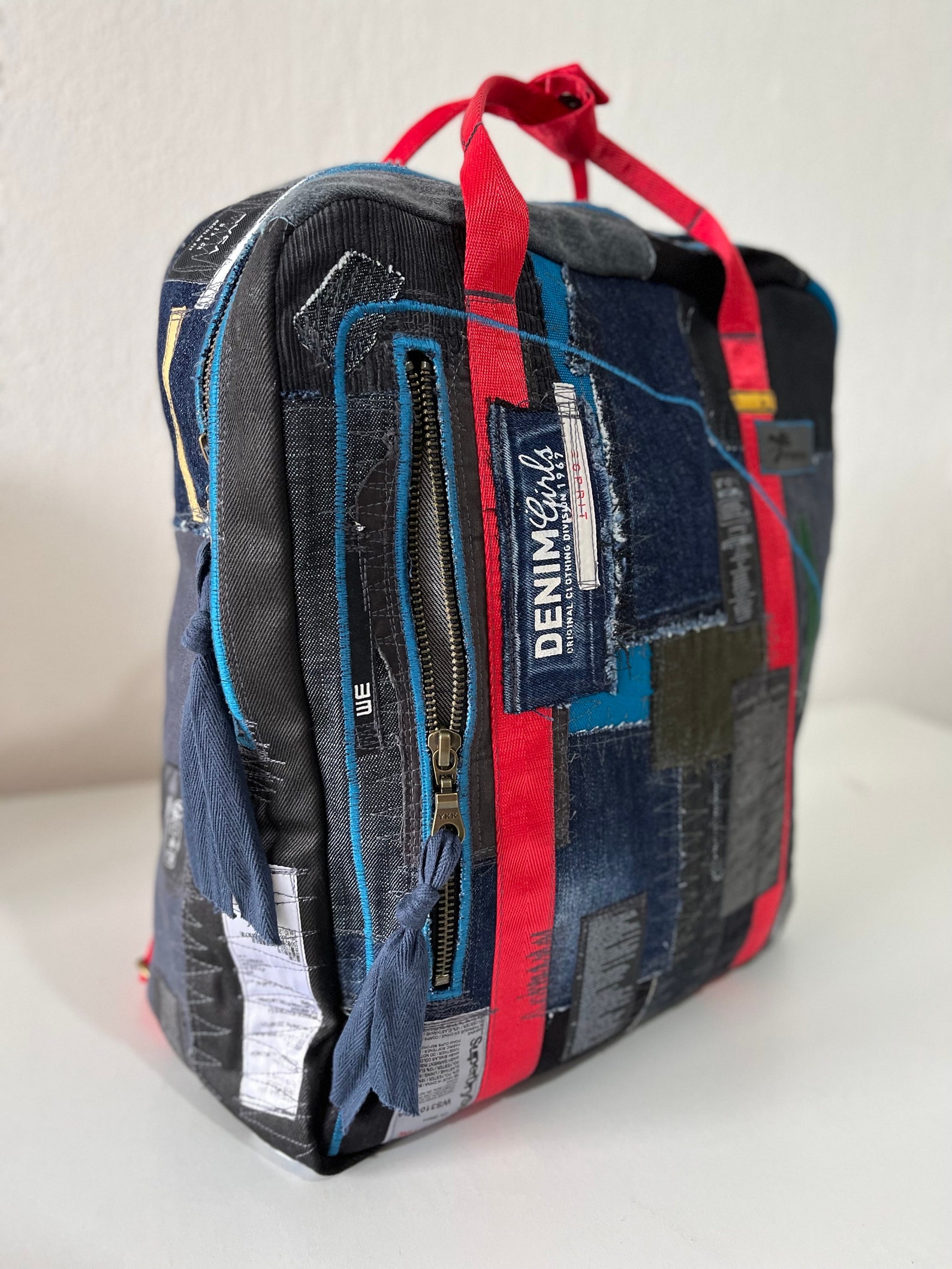 Denim Backpack Patchwork Label Patches Black Zipper Rugsack Red Straps ...