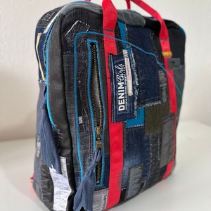 Denim Backpack Patchwork Label Patches Black Zipper Rugsack Red Straps ...