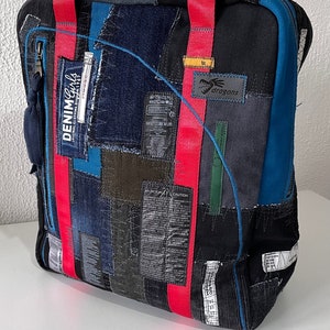 Denim Backpack Patchwork Label Patches Black Zipper Rugsack Red Straps ...