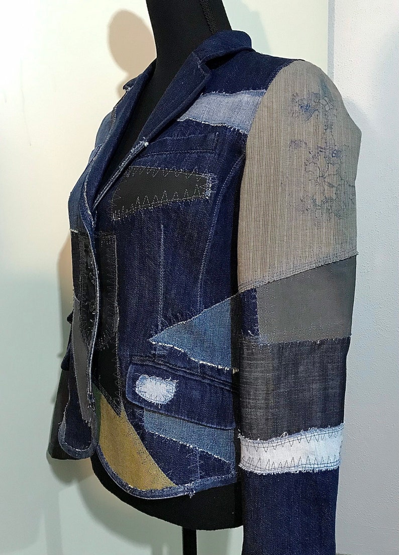 Denim Short Blazer Womens Patchwork Jacket Recycled Upcycled - Etsy