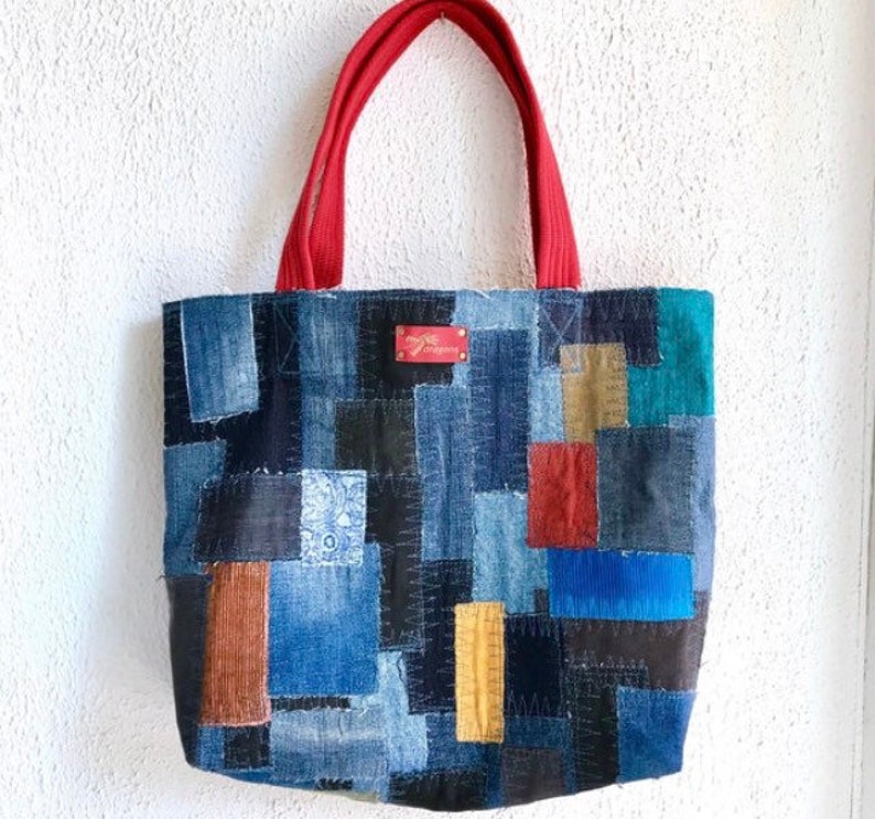 Denim Patchwork Bag XL Shopping Big Boro Shopper Market Bag Repurposed ...