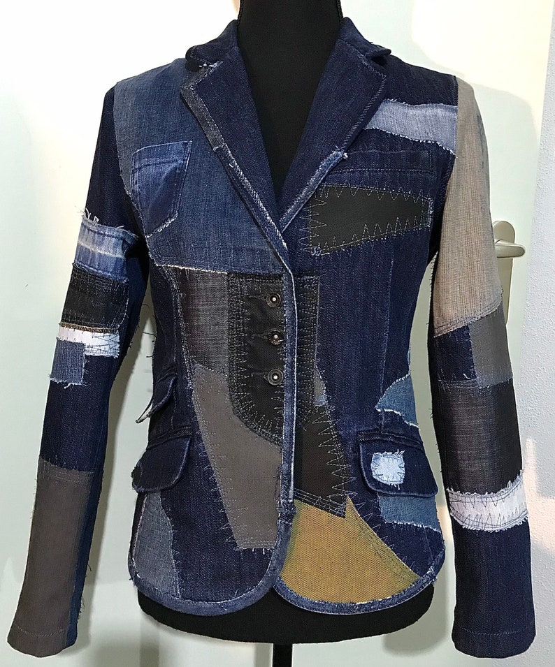 Denim Short Blazer Womens Patchwork Jacket Recycled Upcycled - Etsy