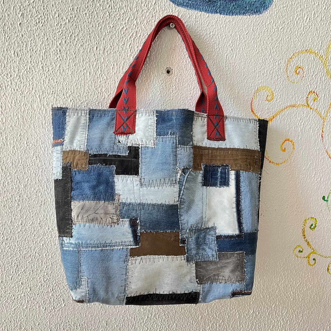 Denim Patchwork Bag XL Shopping Big Boro Shopper Market Bag Repurposed ...