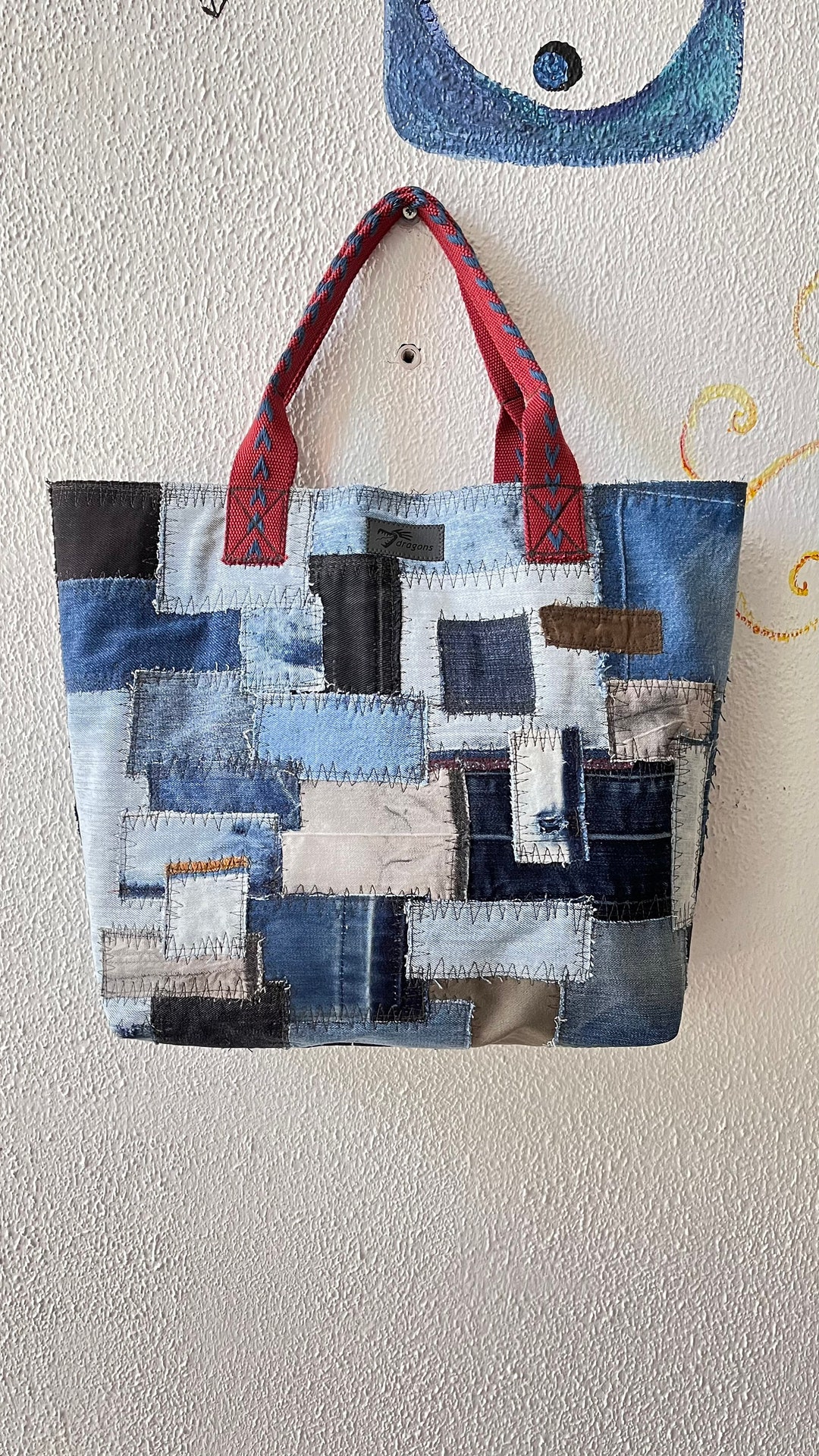 Denim Patchwork Bag XL Shopping Big Boro Shopper Market Bag Repurposed ...