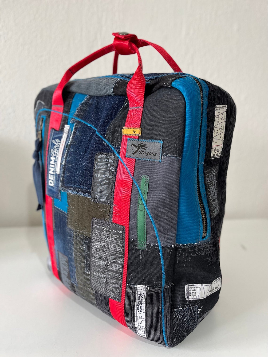 Denim Backpack Patchwork Label Patches Black Zipper Rugsack Red Straps ...