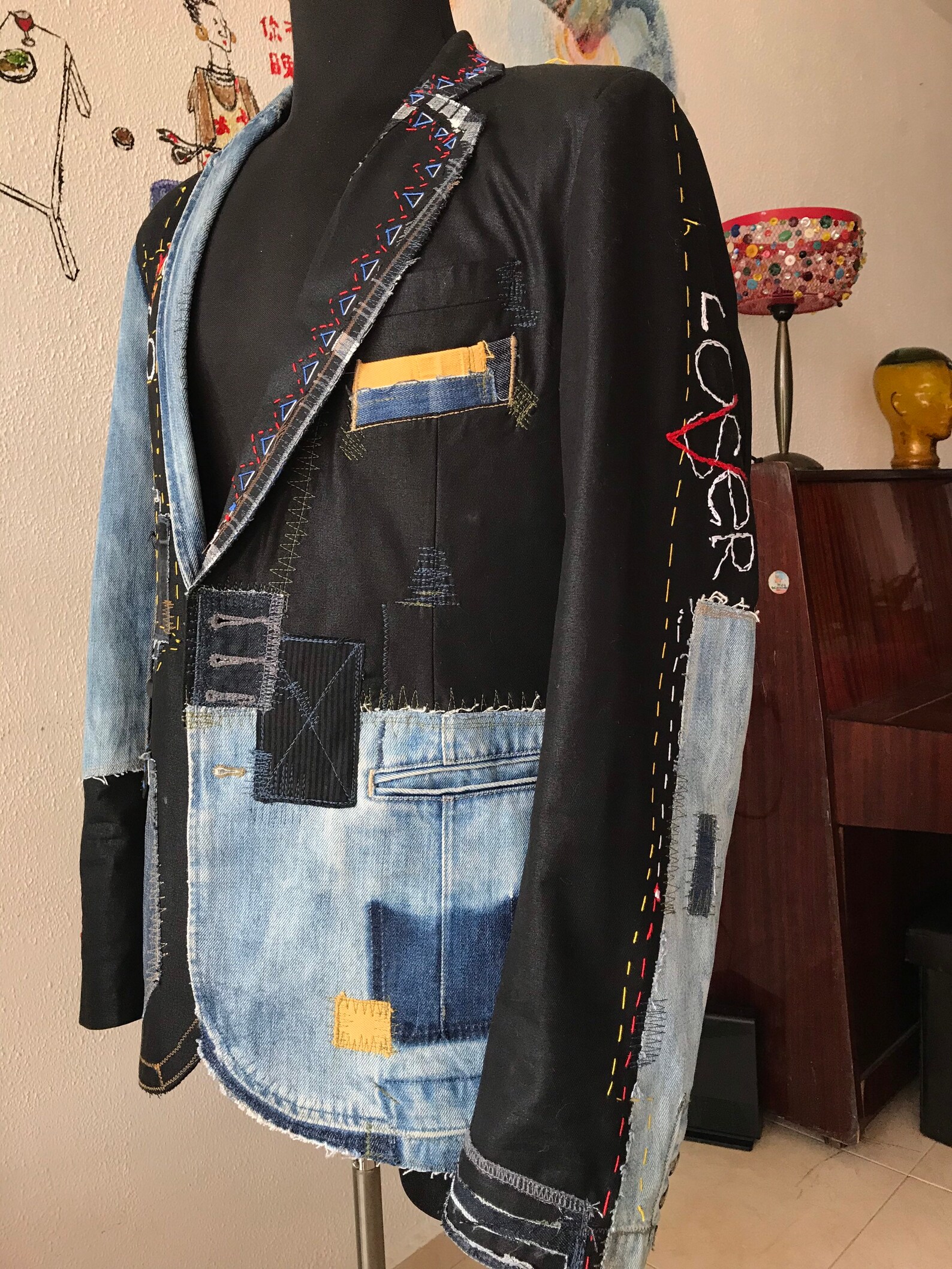 Denim Blazer Patchwork Vintage Eclectic Jacket Reused Recycled - Etsy