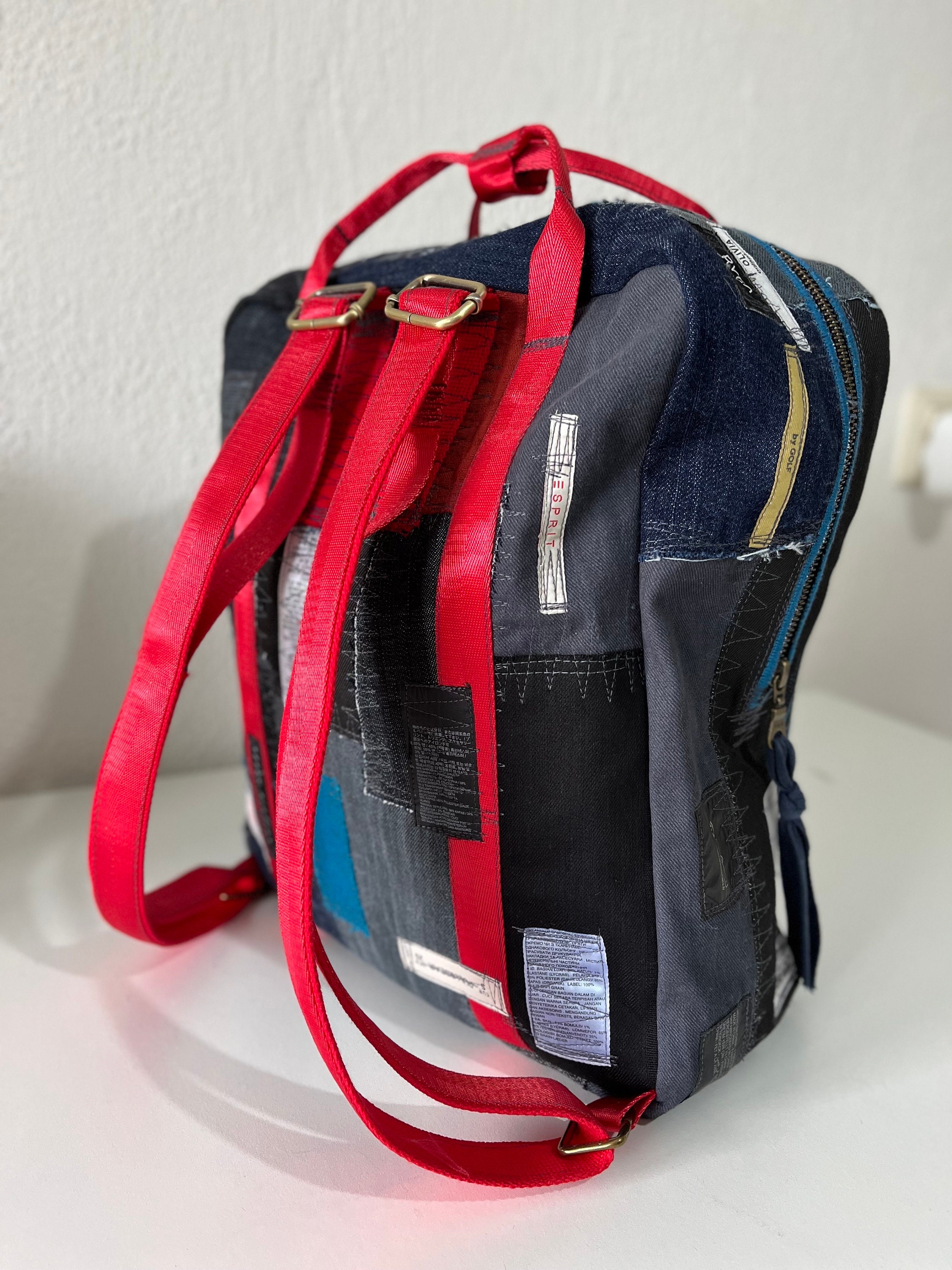 Denim Backpack Patchwork Label Patches Black Zipper Rugsack Red Straps ...