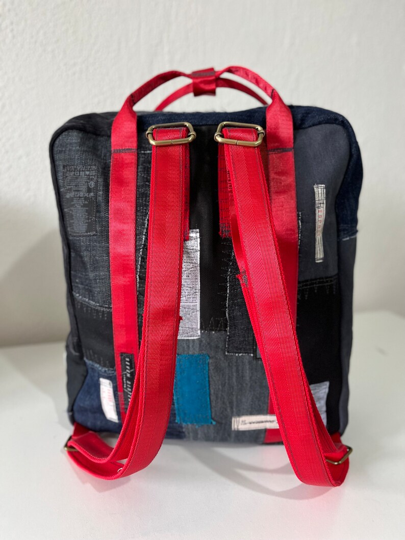 Denim Backpack Patchwork Label Patches Black Zipper Rugsack Red Straps ...
