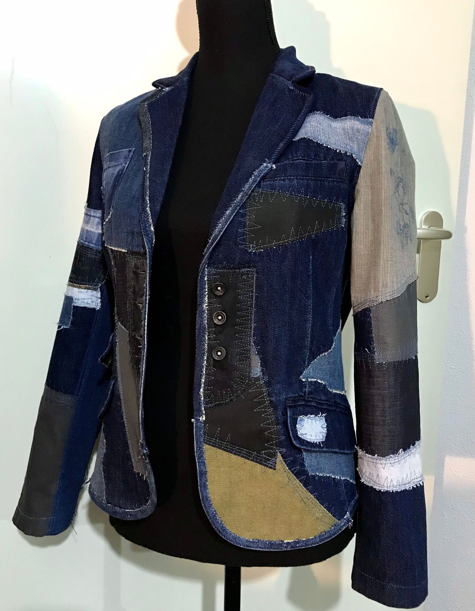 Denim Short Blazer Womens Patchwork Jacket Recycled Upcycled - Etsy