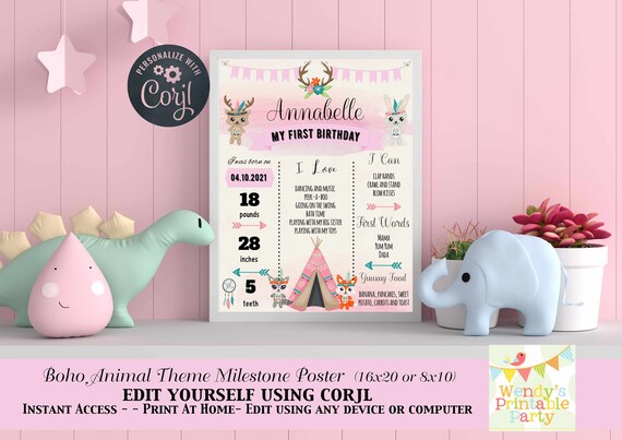 EDITABLE - Boho Woodland / Forest Animal Birthday Milestone Prop, Corjl ...