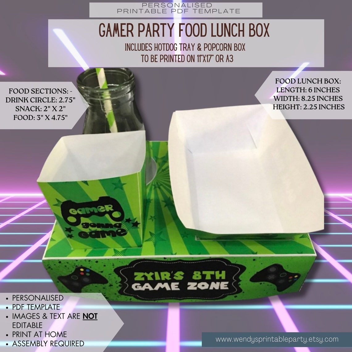 PDF Template Gamer Themed Party Food Lunch Box With Hotdog Tray ...
