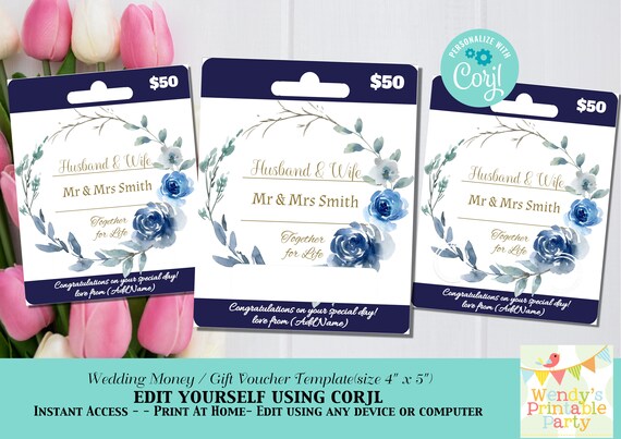 EDITABLE - Wedding Money / Voucher Gift Card, Corjl Edit, Instant ...