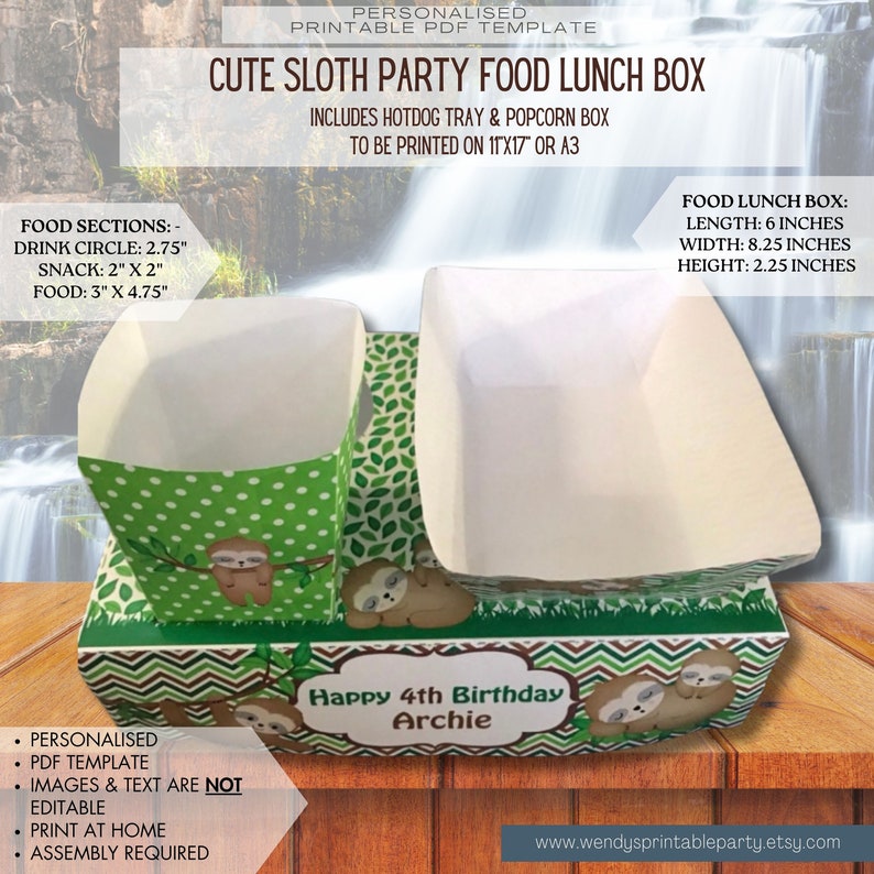 PDF Template Cute Sloth Themed Party Food Lunch Box With Hotdog Tray ...