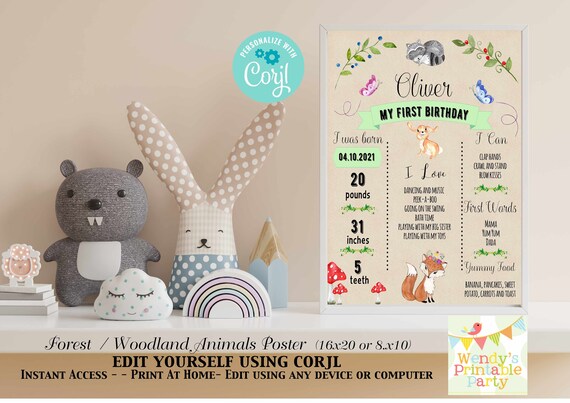 EDITABLE - Woodland / Forest Animal 1st Birthday Milestone Prop, Corjl ...