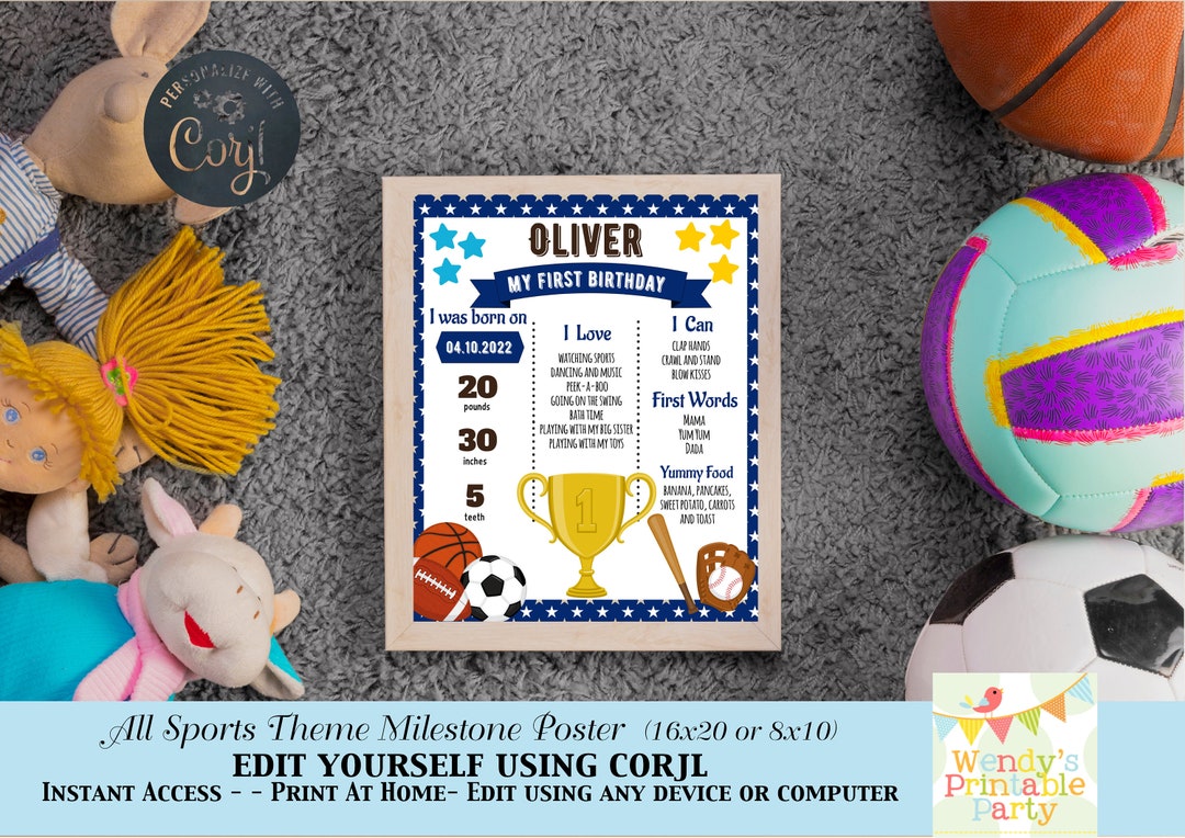 EDITABLE All Stars Sport Birthday Milestone Prop, Corjl Edit, Instant ...