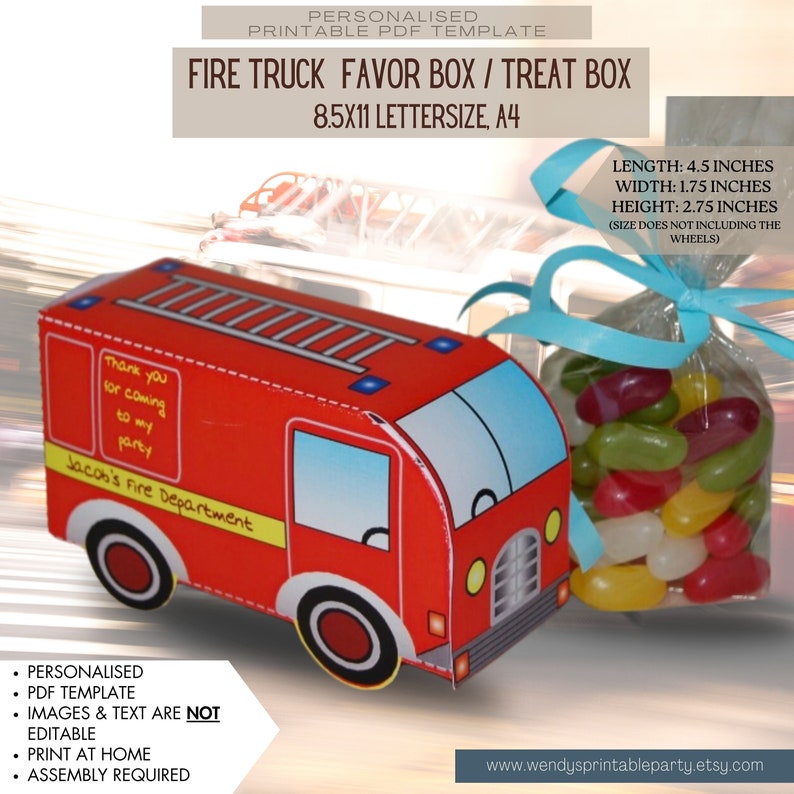 PDF Template Personalised Fire Engine / Fire Truck Favor Box (DIY ...