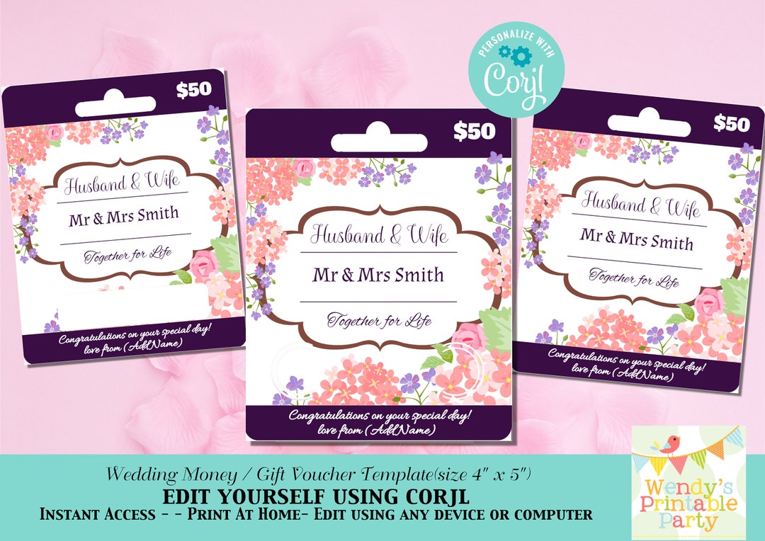 EDITABLE Wedding Money / Voucher Gift Card, Corjl Edit, Instant ...
